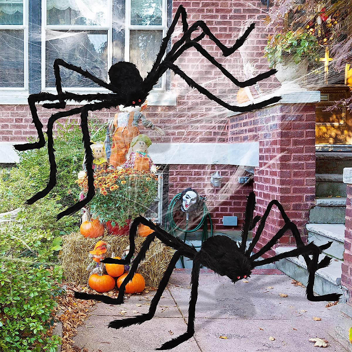 Apfity 2 Pack Halloween Decorations Spiders, Hairy Giant Spiders for Scary Halloween Decor Outdoor Wall Yard House, (6.5 FT + 5 FT)