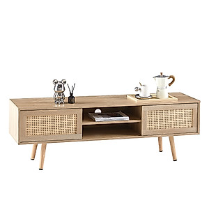 Rattan TV Stand Entertainment Center, 55" L TV Console Table Storage Cabinet Wooden Sliding Doors Plastic Rattan for Living Room Farmhouse Furniture (oak-55)
