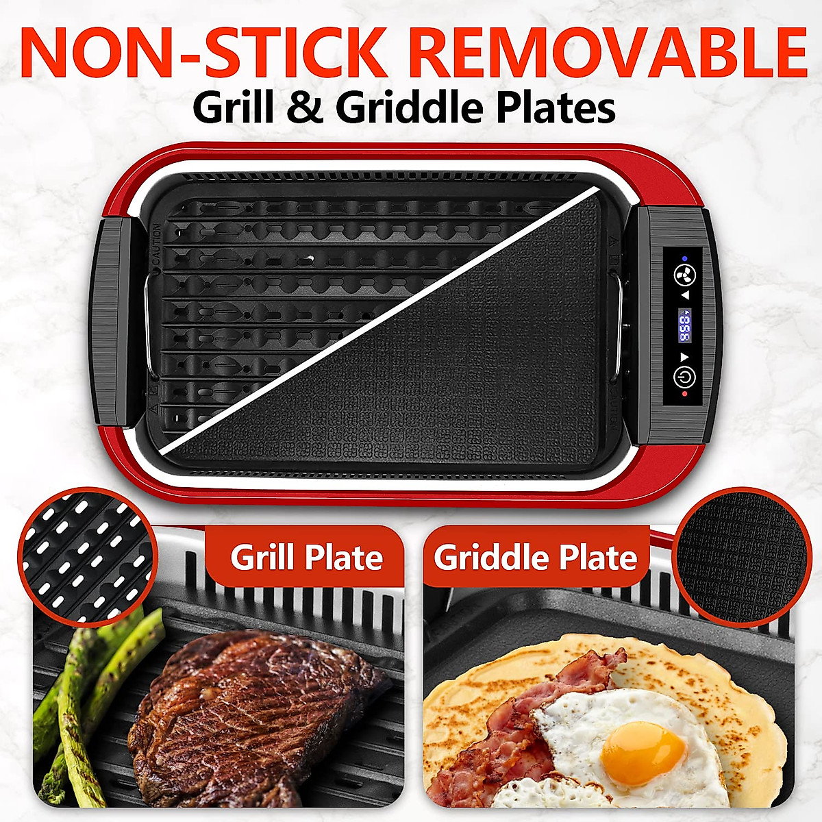 Indoor Grill, CUSIMAX Smokeless Grill Indoor, Electric Grill Griddle, 1500W Korean BBQ Grill with LED Smart Display & Tempered Glass Lid, Non-stick Removable Grill Plate & Griddle Plate, Red