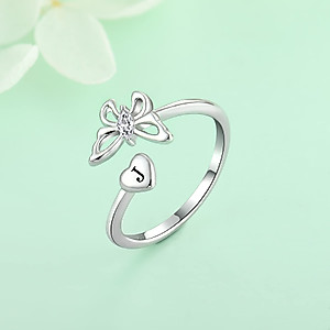STARCHENIE Butterfly Initial Ring for Women 925 Sterling Silver Letter J Alphabet Adjustable Ring Size 7