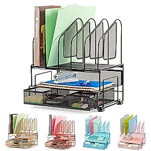 Beiz Desk Organizer and Accessories Storage with 5 Vertical File Folder Holders, 2 Paper Tray, Drawer for Office, Home, Dorm, Workspace to Collect Office Supplies (Black)