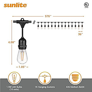 Sunlite 80572 48ft Outdoor String Lights, 1.5W Commercial Grade, Waterproof, Linkable Strands, UL Listed, 15 Hanging Sockets, Shatterproof LED Edison Bulbs Included, 2700K Warm White