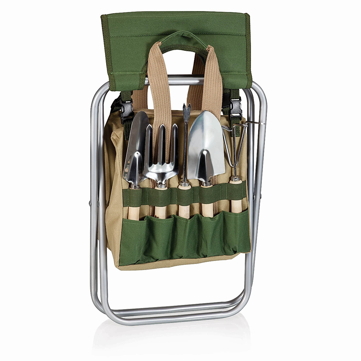 ONIVA - a Picnic Time brand Gardener Folding Seat with Tools, Garden Stool with Detachable Storage Tote Bag, Portable Chair Seat with Garden Tools Set Organizer, Olive Green with Beige Accents