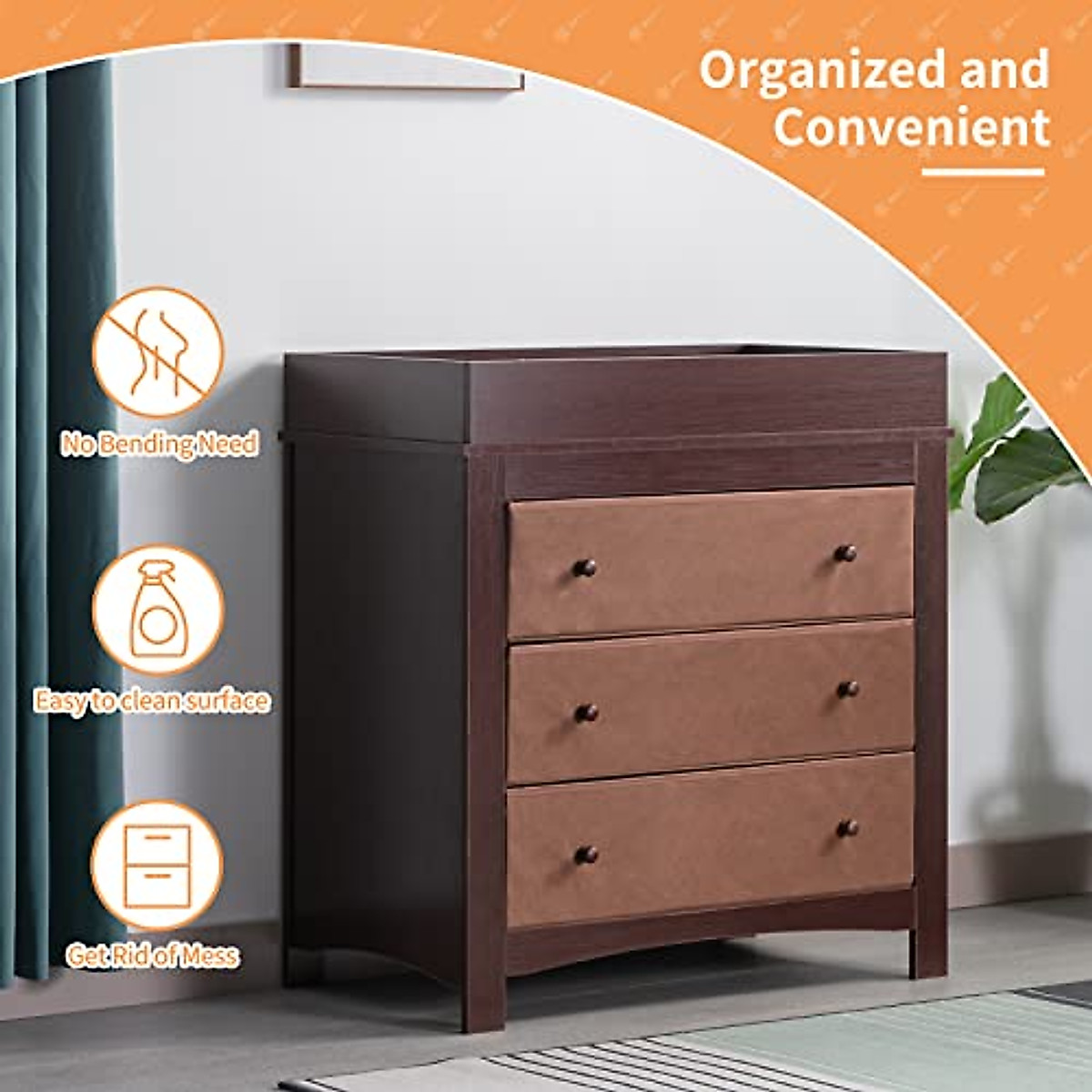 MOOITZ Changing Table with 3 Drawers, Changing Table Dresser for Nursery, Infant Baby Changing Station for Bedroom Livingroom Small Space, Baby Dresser with Changing Table Top