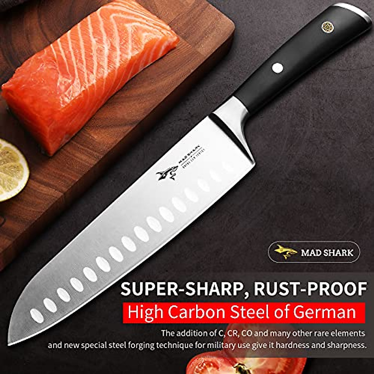 MAD SHARK Kitchen Knife, Chef's Santoku Knife 8 Inch, German High Carbon Stainless Steel Chef Knife, Super Sharp Multipurpose Chopping Knife for Meat Vegetable Fruit with Ergonomic Handle & Gift Box