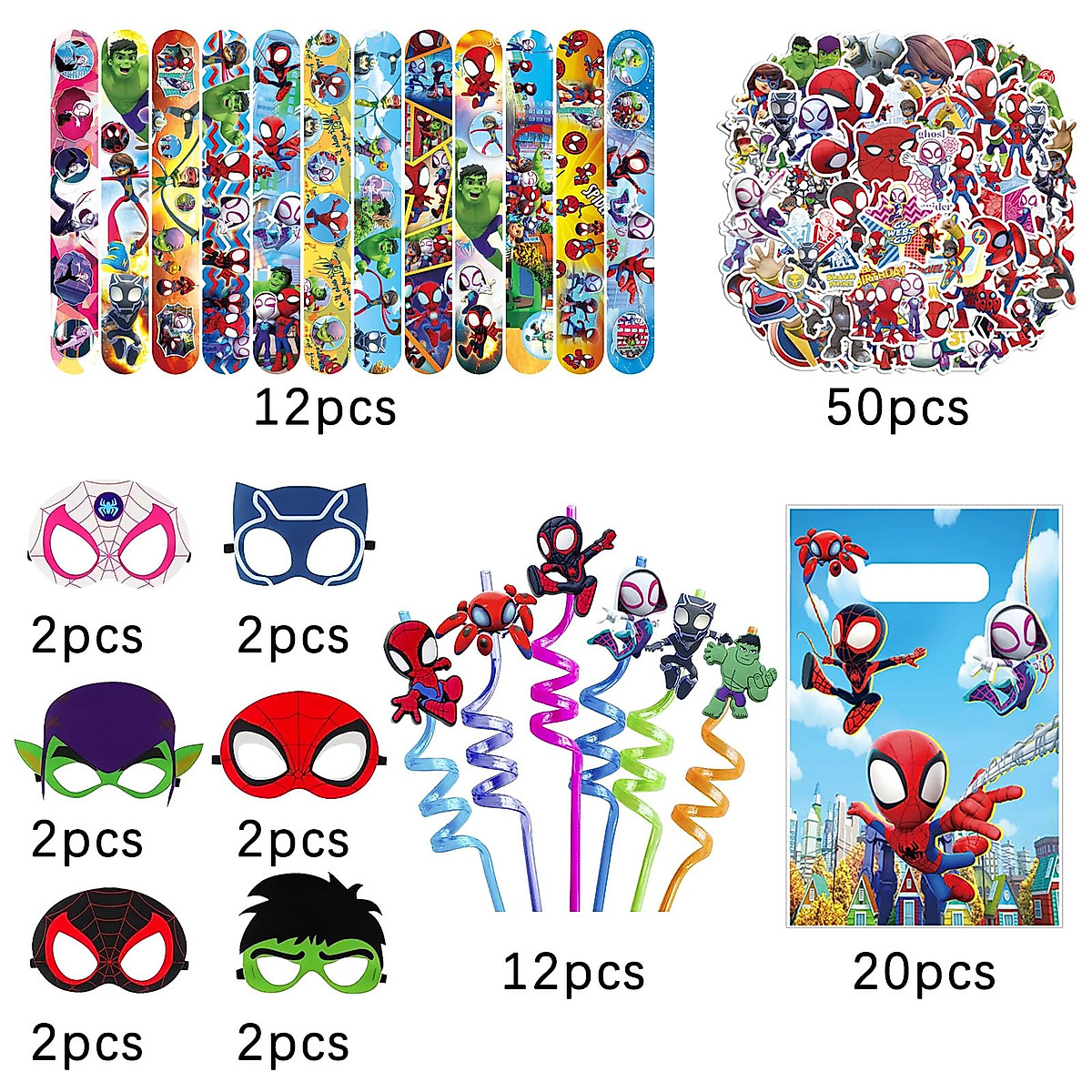 106PCS Spidey Friends Party Favor Supplies -Reusable Drinking straws Masks&Slap Bracelets Bags&Spidey Stickers Gifts for Kids Birthday Spidey Friends Themed Party Favors Birthday Decorations ﻿