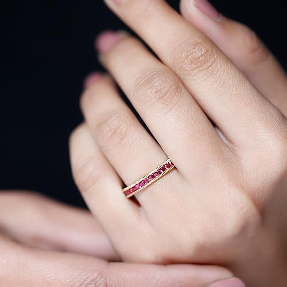 Rosec Jewels Natural Ruby Wedding Eternity Band Ring for Women, Aaa Quality, July Birthstone Full Eternity Band with Certificate, 14K Yellow Gold, Size:US 5.00