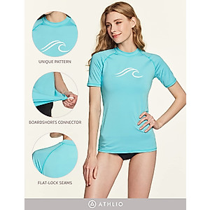 ATHLIO Women's UPF 50+ Rash Guard, Short Sleeve Surfing Swimsuit Top, UV/SPF Active Water Beach Swim Shirts, Wave Aqua, X-Large