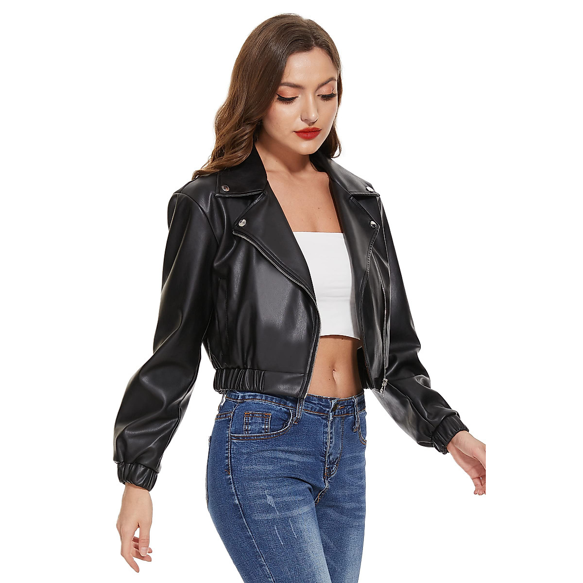 Fahsyee Faux Leather Jacket Women - Black Motorcycle Short Coat Moto Biker Blazer Plus Size Casual Pleather Jackets Fashion L