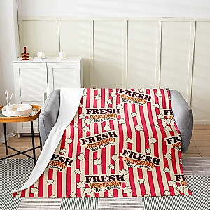 Feelyou Popcorn Pattern Plush Throw Blanket, for Girls Boys Movie Theater Flannel Fleece Blanket Red White Stripe All Season,Bed Blanket Room Decor Vintage Cinema Movie Theater 40"x50"
