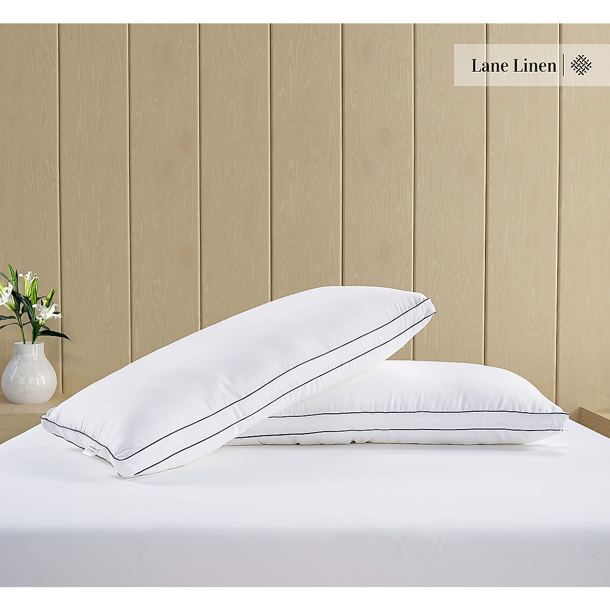 LANE LINEN Gusseted Soft Bed Pillows Standard Size Set of 2 for Sleeping, Back, Stomach or Side Sleepers, Down Alternative, White - 20 x 26 Inches