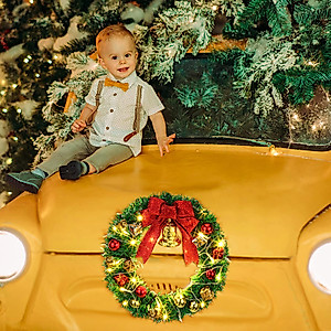 Datanly Christmas Car Wreath Decorative LED Lighted Car Wreath Bell Red Bow Wreath Christmas Decorations for Car Truck SUV Mounting Equipment, 11.8 Inches