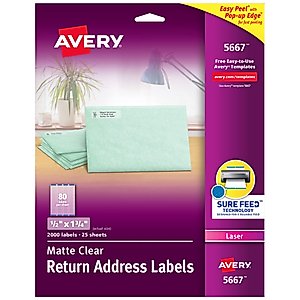 Avery Printable Return Address Labels with Sure Feed, 0.5" x 1.75", Matte Clear, 2,000 Blank Mailing Labels (05667)