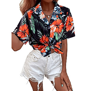 FAYALEQ Womens Summer Hawaiian Shirts Soft Cool Floral Tropical Print T-Shirt Button Down V Neck Short Sleeve Tee Tops Black