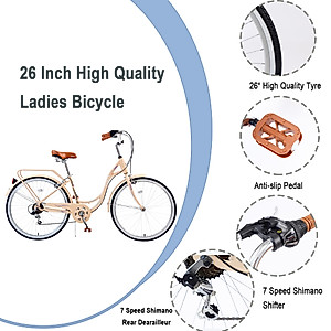 WEEROCK 26 Inch Adult Cruiser Bike Ladies Bicycle Shimano 7 Speeds Steel Frame Commuter Bike for Women, Men, Seniors,Multi Colors,Beige