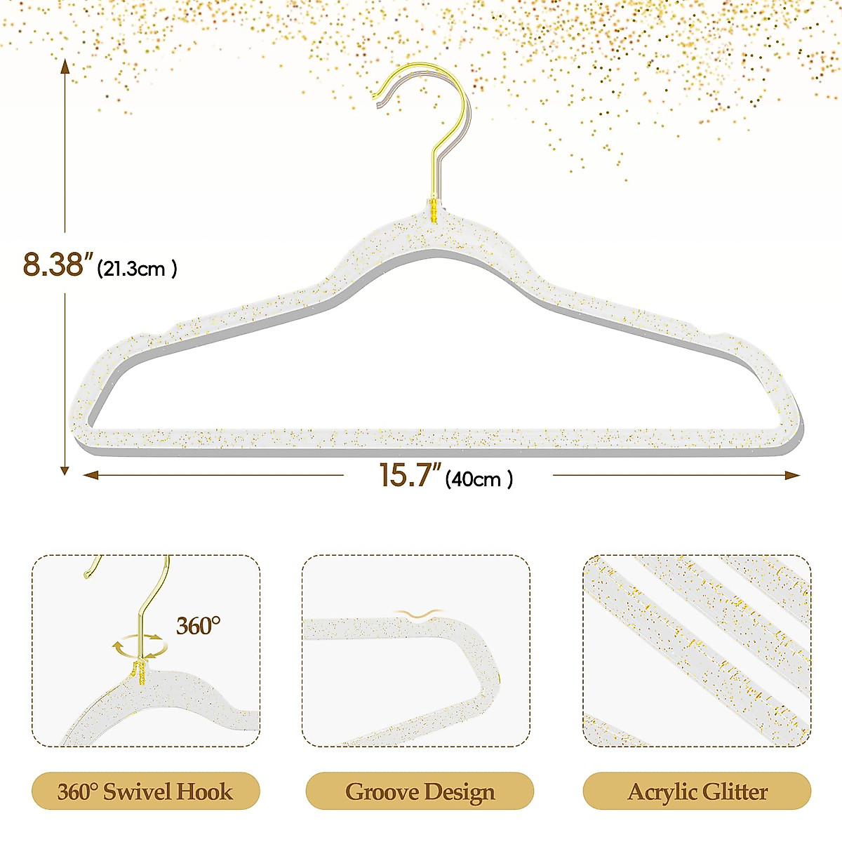 UEAKPIC 50 Pack Clear Plastic Hangers with Gold Glitter, Acrylic Hangers Ultra Slim & Space Saving Suit Hangers for Coats, Pants & Dress Clothes