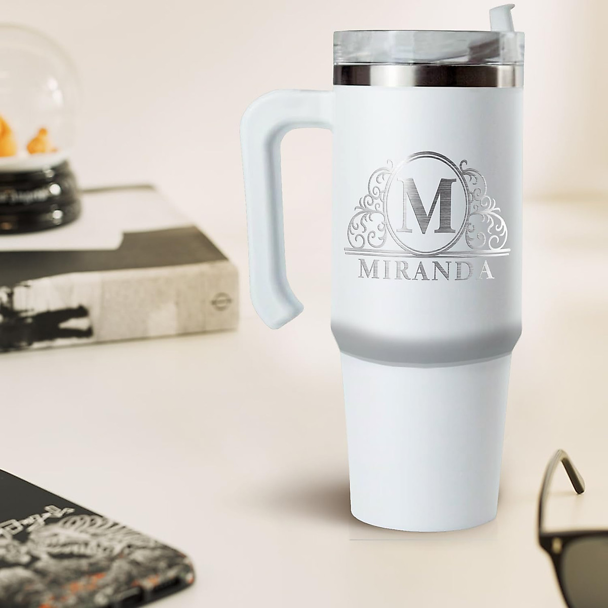 Personalized 30 oz Travel Mug - Elaborate Circle Monogram - White Custom Engraved Cup with Handle Vacuum Insulated Tumbler Birthday Gift for Women, Men, Beer and Drinks