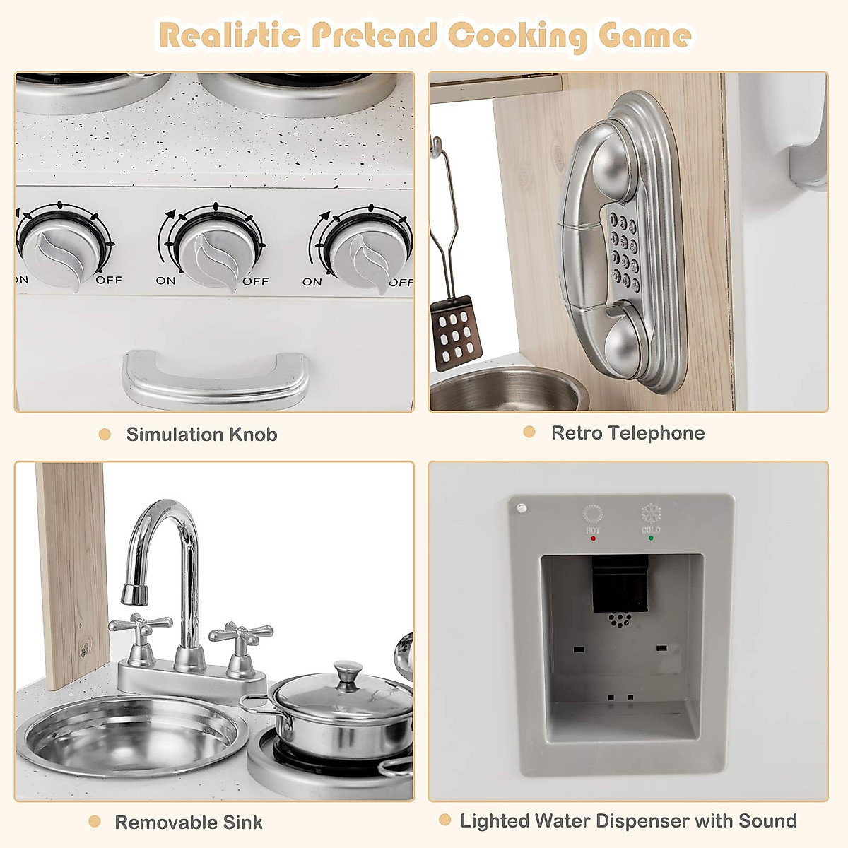 Costzon Kitchen Playset for Kids, Wooden Pretend Cooking Kitchen w/Utensils, Oven, Cabinets, Faucet, Sink & Telephone, Toddlers Play Kitchen Set with Accessories Gift for Age 3+ (Natural)