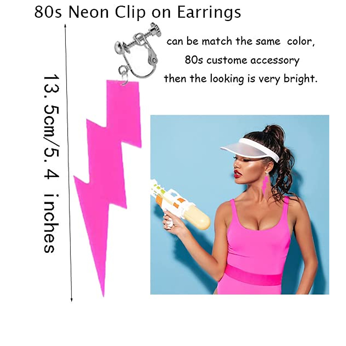 80s Neon Earrings Acrylic Exaggerated Women Lightning Bolt Clip on Earrings Non Pierced Earrings Halloween Jewelry 80's Party (rose red)