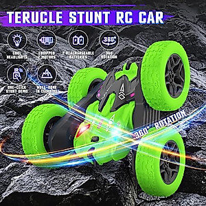Terucle Remote Control Car, RC Cars Stunt RC Car Toys Double-Sided 360° Rotating Headlights Upgraded 4WD Rc Drift Truck Kid Toys for Boys 8–12 Year Old Remote Control Toys (Green)