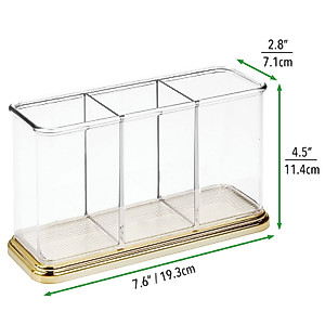 mDesign Plastic Cutlery Utensil Holder Storage Organizer Caddy for Kitchen Countertop Organization - Holds Fork, Knife, Spoon, Silverware - 3 Divided Sections - Hyde Collection - Clear/Soft Brass