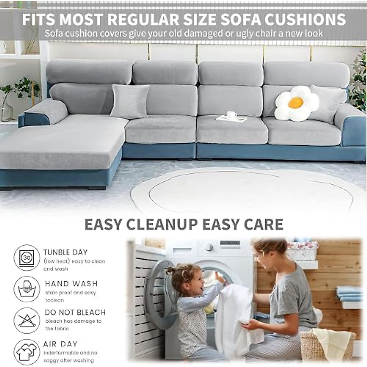 KEUNGSHEK Velvet Sofa Slipcover,Suitable for Multi-Seater Sofas,Sofa Backrest Cover,Sofa Seat Cushion Cover,L-Shaped Sofa Cover,Anti-Slip High Elasticity,L Shape Seat Cover,Stone Blue