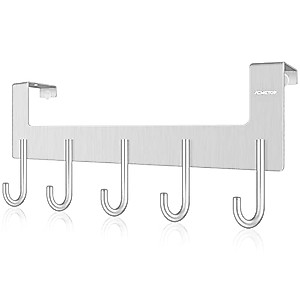 ACMETOP Over The Door Hooks, Aluminum Door Hanger Hook with 5 Coat Hooks for Hanging, Heavy Duty Over The Door Coat Rack for Towel, Bag, Robe, Back of Bathroom, Silver