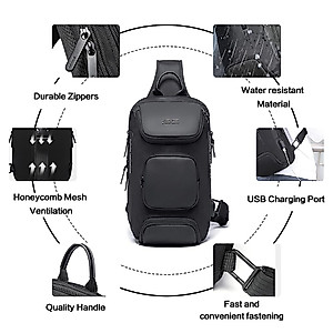 Sling Bag for Men Shoulder Crossbody Bags Sling Backpack with USB Charging Port Waterproof Travel Hiking Outdoor Daypack (Black-1)