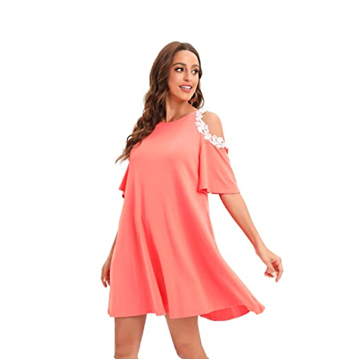 Aofur Summer Cotton Lace Dress Ladies 2023 Cold Sleeve Casual Plus Size S-XXXL Sundress Women Solid Elegant Party Dress(XX-Large,Light Red)