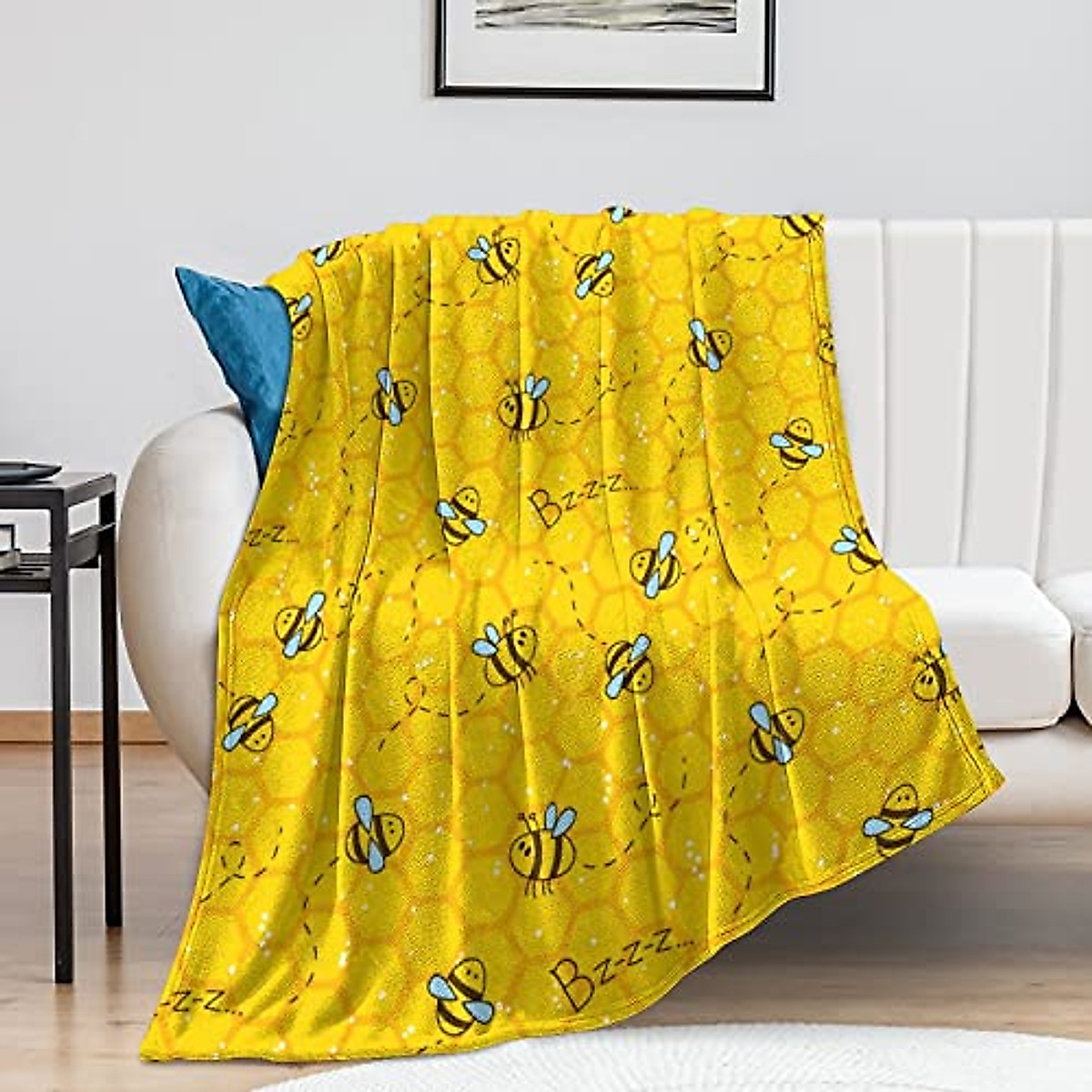 Cute Bee Sofa Throw Blanket Flannel Super Soft Warm Fleece Bedspread Home Decor All Season for Bed Couch Living Room Large 50"X40" in