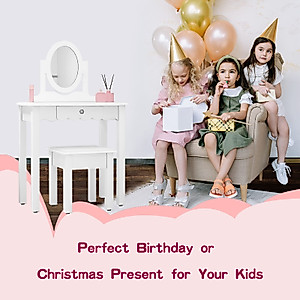 Kids Vanity - Little Girls Vanity Set with Mirror and Stool, Wooden 2 in 1 Toddler Vanity Makeup Desk Dressing Table with Detachable Top & Drawer, Princess Vanity Dresser Set for Little Girls, White