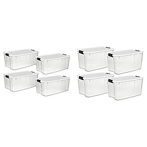 Sterilite 19909804 116 Quart/110 Liter Ultra Latch Box, Clear with a White Lid and Black Latches, 4-Pack & 70 Qt Clear Plastic Stackable Storage Bin w/White Latching Lid Organizing Solution, 4 Pack