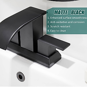 Hoimpro 3 Holes 4 Inch Bathroom Faucet, Waterfall Matte Black Bathroom Faucet Two Handles Centerset Bathroom Sink Faucet Vanity Sink Faucet with cUPC Supply Hoses and Pop Up Drain