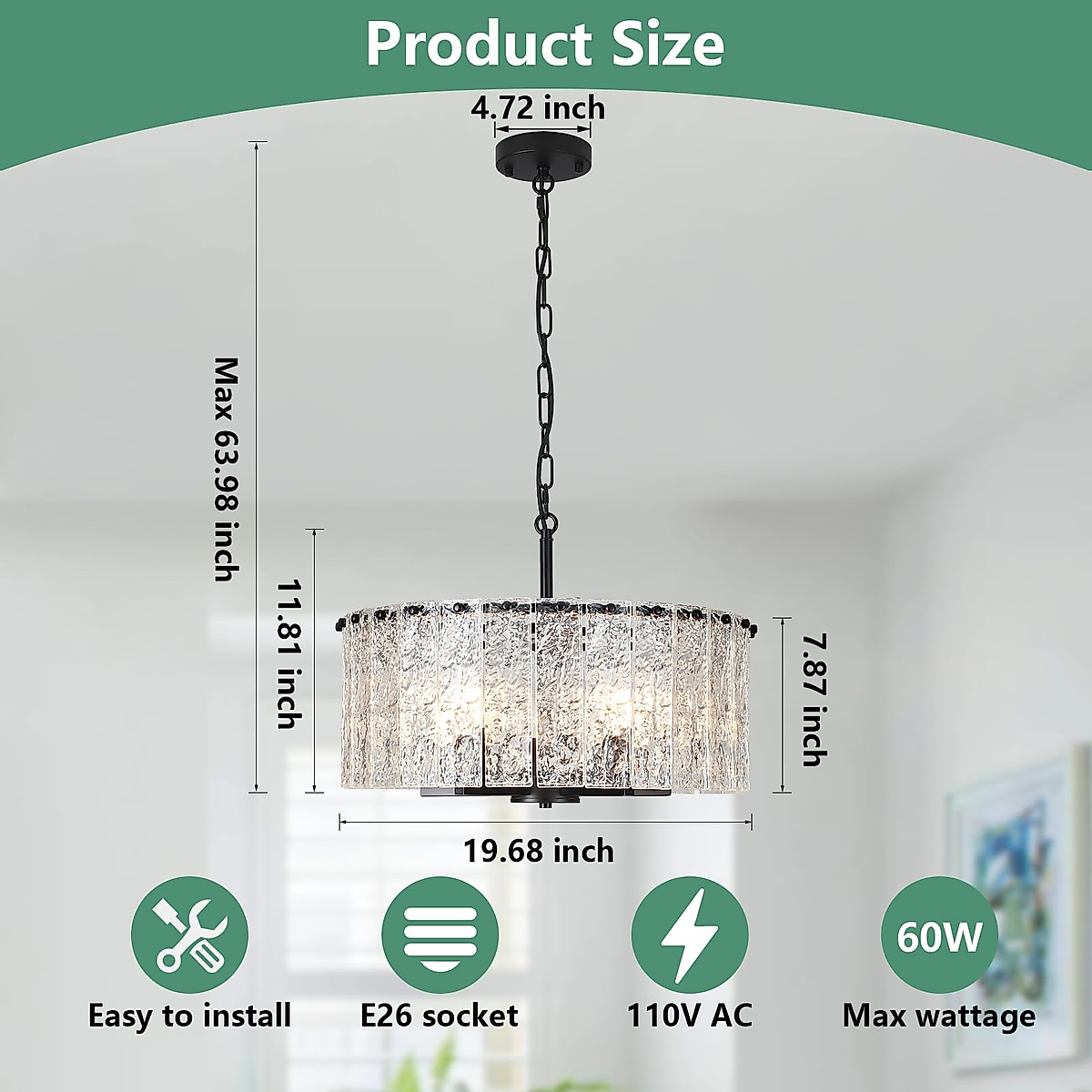 CWarmozy 19.7'' Luxury Black Chandelier for Dining Room 5-Light Modern Crystal Chandeliers Water Ripple Glass Light Fixture Elegant Ceiling Hanging Light for Kitchen Island Bedroom Living Room