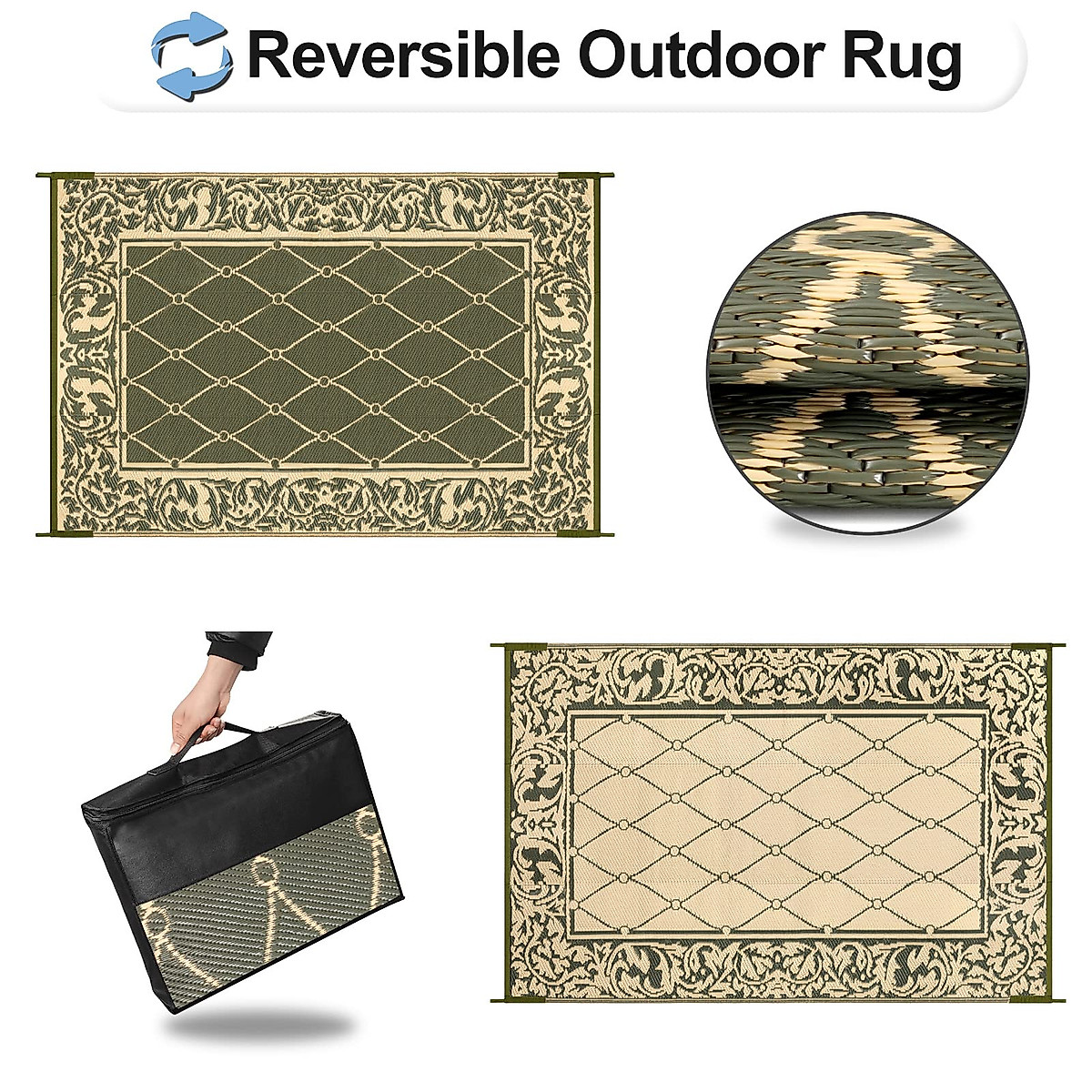 OutdoorLines Indoor Outdoor Rugs for Patio 4x6 ft - Reversible Outside Carpet, Stain & UV Resistant Portable RV Mat, Plastic Straw Rug for Camping, Pool Deck, Porch Rhombus Deep Lichen Green & Vanilla