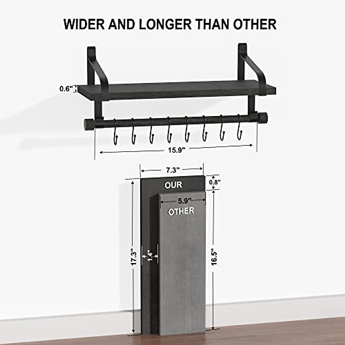 Love-KANKEI Floating Shelves for Coffee Bar,Bathroom Shelves with Towel Bar, Wall Shelves with 8 Hooks for Kitchen, 17.3 Inch Storage Shelves Set of 2 for Bedroom,Living Room，Black