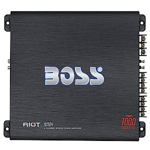BOSS Audio Systems R2504 Riot Series Car Audio Stereo Subwoofer Amplifier - 1000 High Output, 4 Channel, Class A/B, 2/4 Ohm, High/Low Level Inputs, High/Low Pass Crossover, Bridgeable, Full Range