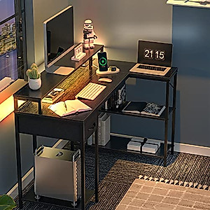 SUPERJARE L Shaped Gaming Desk with LED Lights & Power Outlets and Nightstand with Charging Station