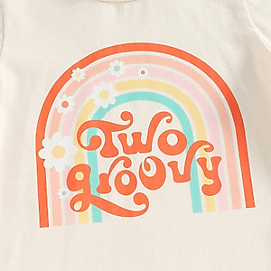 Muasaaluxi Infant Toddler Baby Girl Clothes Groovy One/Two Groovy Romper Tops Flower Flared Pants Bell Bottoms Headband Set (Apricot Two Groovy, 18-24 Months)