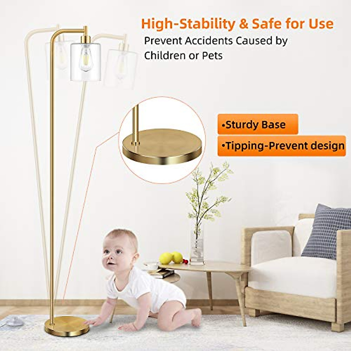 Industrial Floor Lamp with Hanging Glass Shade Brass Gold Farmhouse Indoor Pole Light with Edison E26 Base Vintage Rustic Standing Tall Lighting for Living Room Bedroom Office( ST64 Bulb Included)