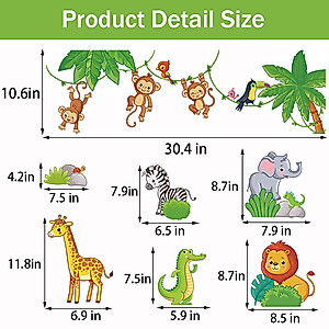 Supzone Jungle Animals Wall Sticker Cartoon Animal Wall Decal Monkey Giraffe Lion Zebra Elephant Wall Decor DIY Vinyl Mural Art for Kids Baby Nursery Bedroom Living Room Playroom