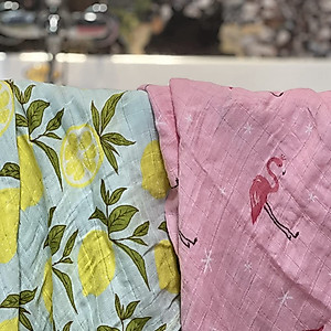 HGHG 4 Pack Organic Cotton Muslin Baby Blankets Bedding Infant Swaddle Towel Multifunctional Envelopes 47x47 Floral Orange Flamingo Plus a BurpCloth (Good Luck)