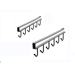 2pcs Multi-Hooks Under The Cabinet 6-Hook Hanging Hook Rack Kitchen Utensil Cupboard Hanger Chest Organizer Cup Holder for Coffee Bar, Fit for 0.8 Inch Thickness Shelf or Less, Nail Free (Black)