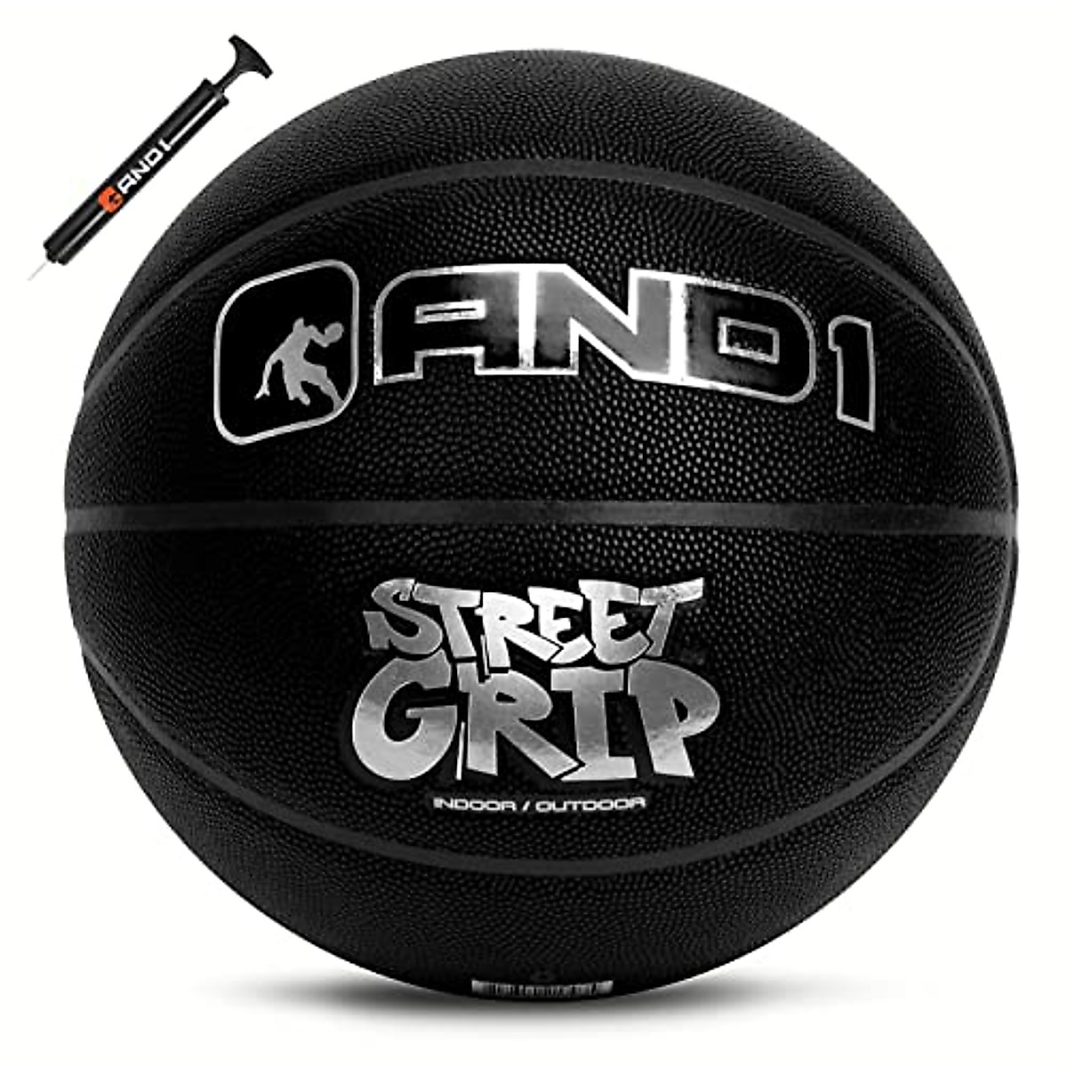 AND1 Street Grip Premium Composite Leather Basketball & Pump- Official Size 7 (29.5”) Streetball, Made for Indoor and Outdoor Basketball Games (Black)