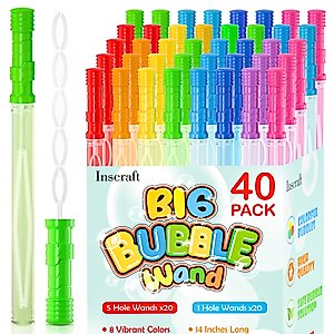 Inscraft 40 Pack 14’’ Big Bubble Wands, 8 Colors Mix Bulk for Summer Toy, Outdoor/Indoor Activity Use, Easter, Birthday, Graduation, Shower, Bubbles Party Favors Supplies for Kids