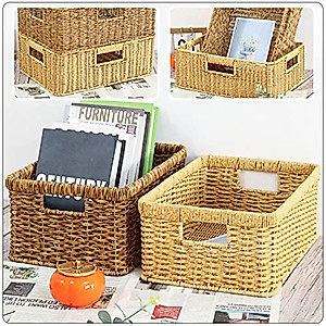 OUNONA Wicker Baskets for Shelves Toilet Paper Basket Rectangular Rattan Baskets with Built-in Handles Hand-woven Water Hyacinth Storage Baskets - Khaki