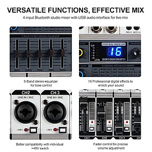 Professional Audio Mixer, Phenyx Pro Sound Mixer w/USB Audio Interface, 4-Channel Sound board Dj Mixer w/Stereo Equalizer, 16 DSP Effects, suitable for Stage, Live Gigs, and Karaoke (PTX-15)