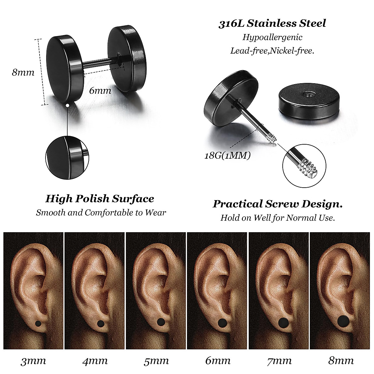FIBO STEEL 6 Pairs Stainless Steel Black Stud Earrings for Men Women Faux Gauges Ear Tunnel Fake Gauge Earrings 3-8mm
