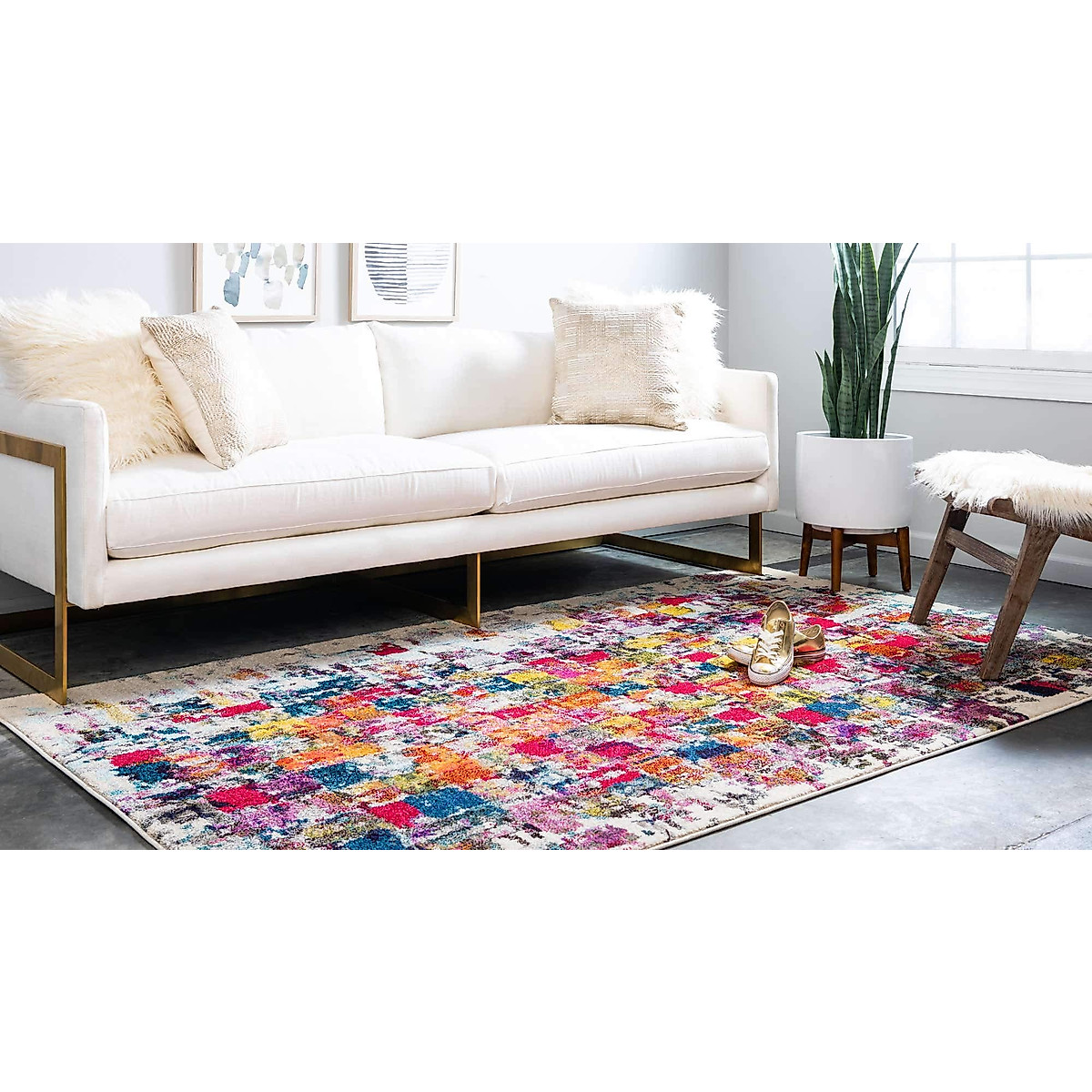 Unique Loom Estrella Collection Abstract, Bright Colors, Distressed, Modern Area Rug, 5 ft x 8 ft, Multi/Beige
