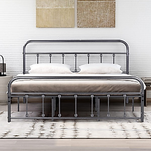 alazyhome California King Size Bed Frame Classic Metal Platform Mattress Foundation with Victorian Style Iron-Art Headboard Under Bed Storage No Box Spring Needed Black/Silver